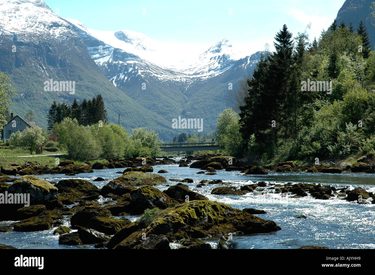 Mountains and river, Olden, Norway Stock Photo - Alamy