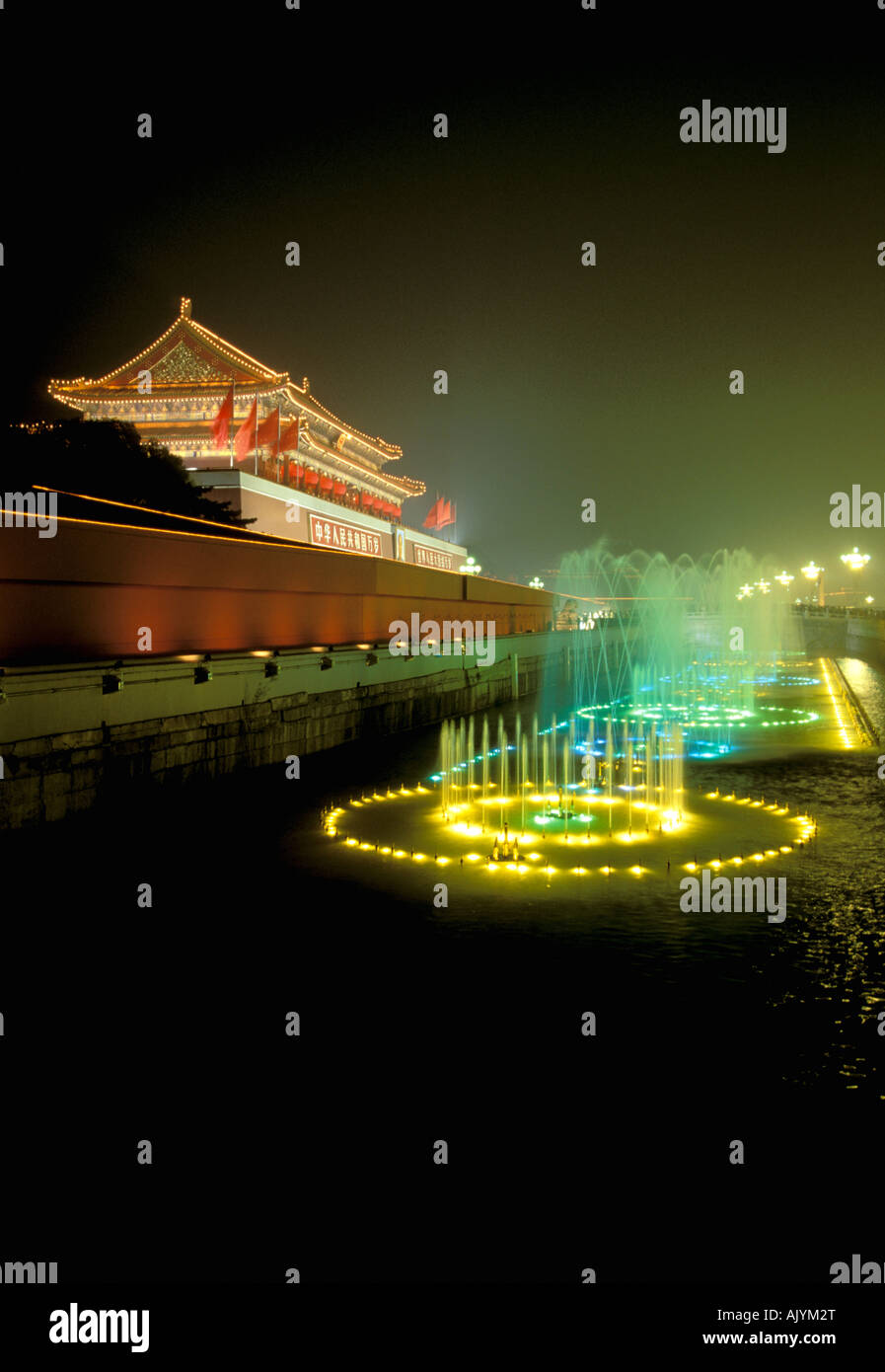 Asia, China, Beijing, Tiananmen Square. Night view of square and ...