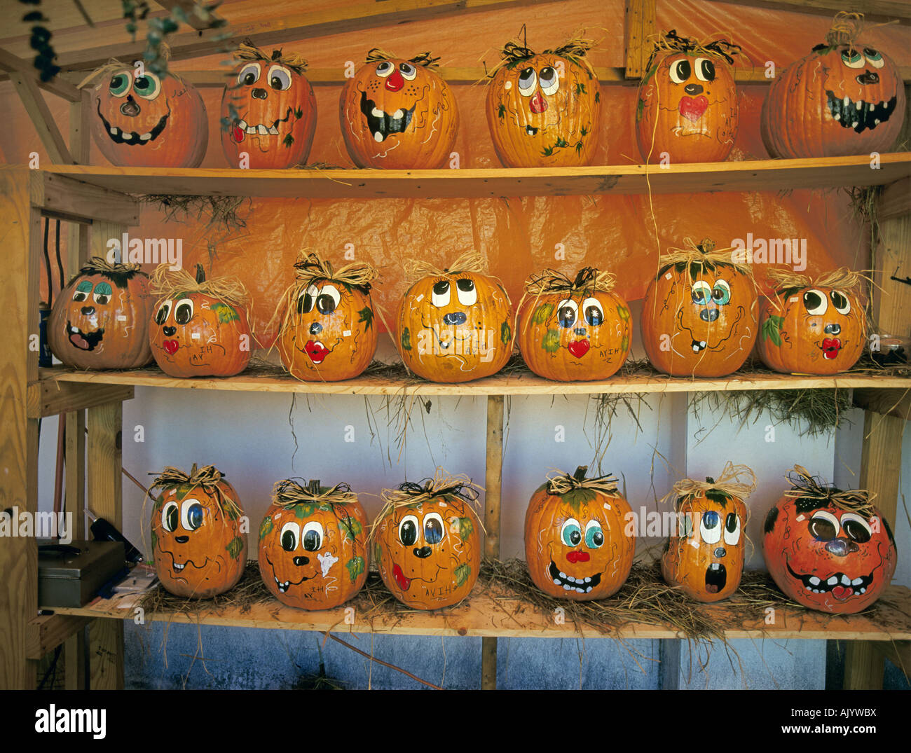 Pumpkins with faces painted greet children who attend the Octoberfest ...