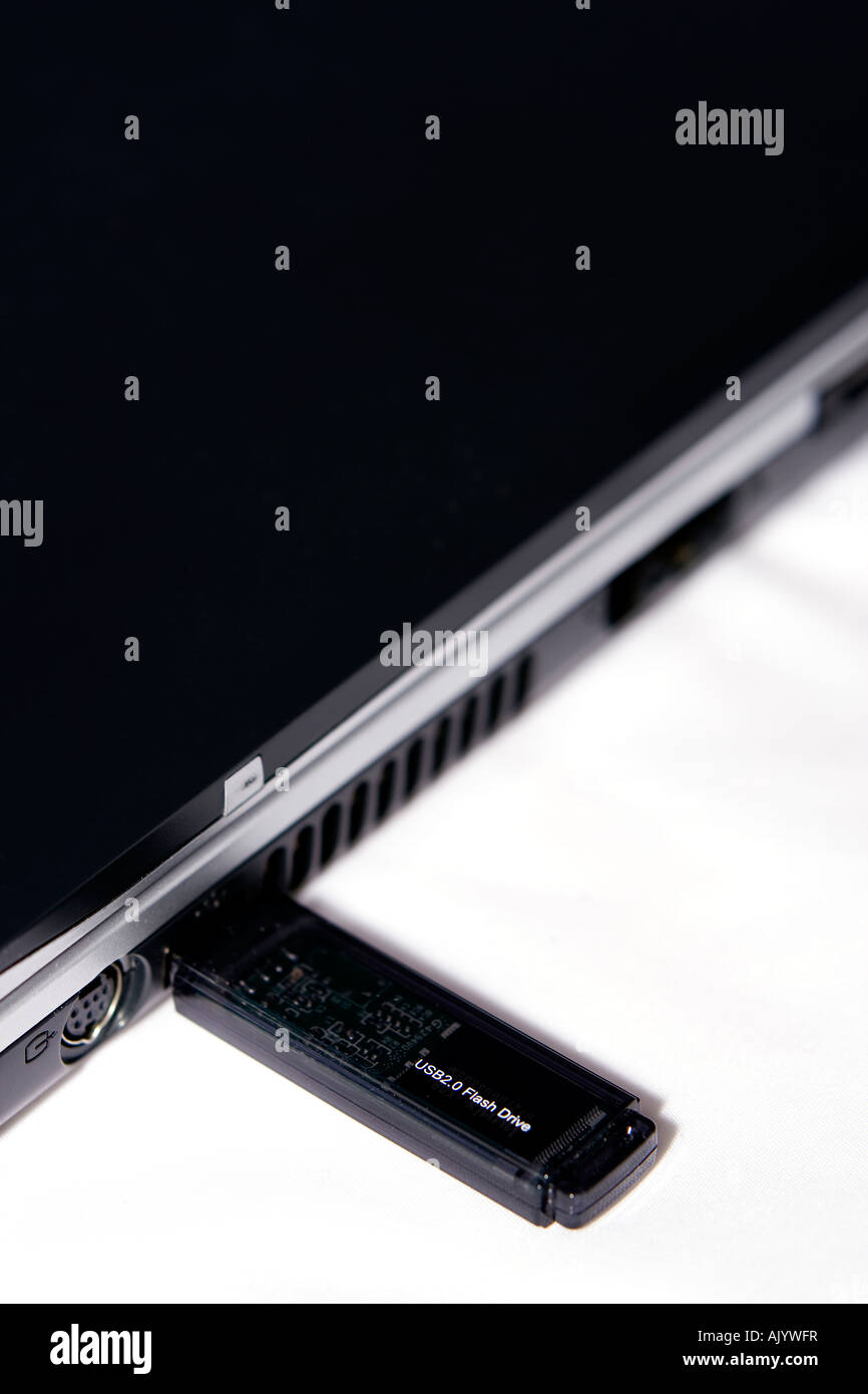 Flash drive in a USB port Copy Space Stock Photo - Alamy