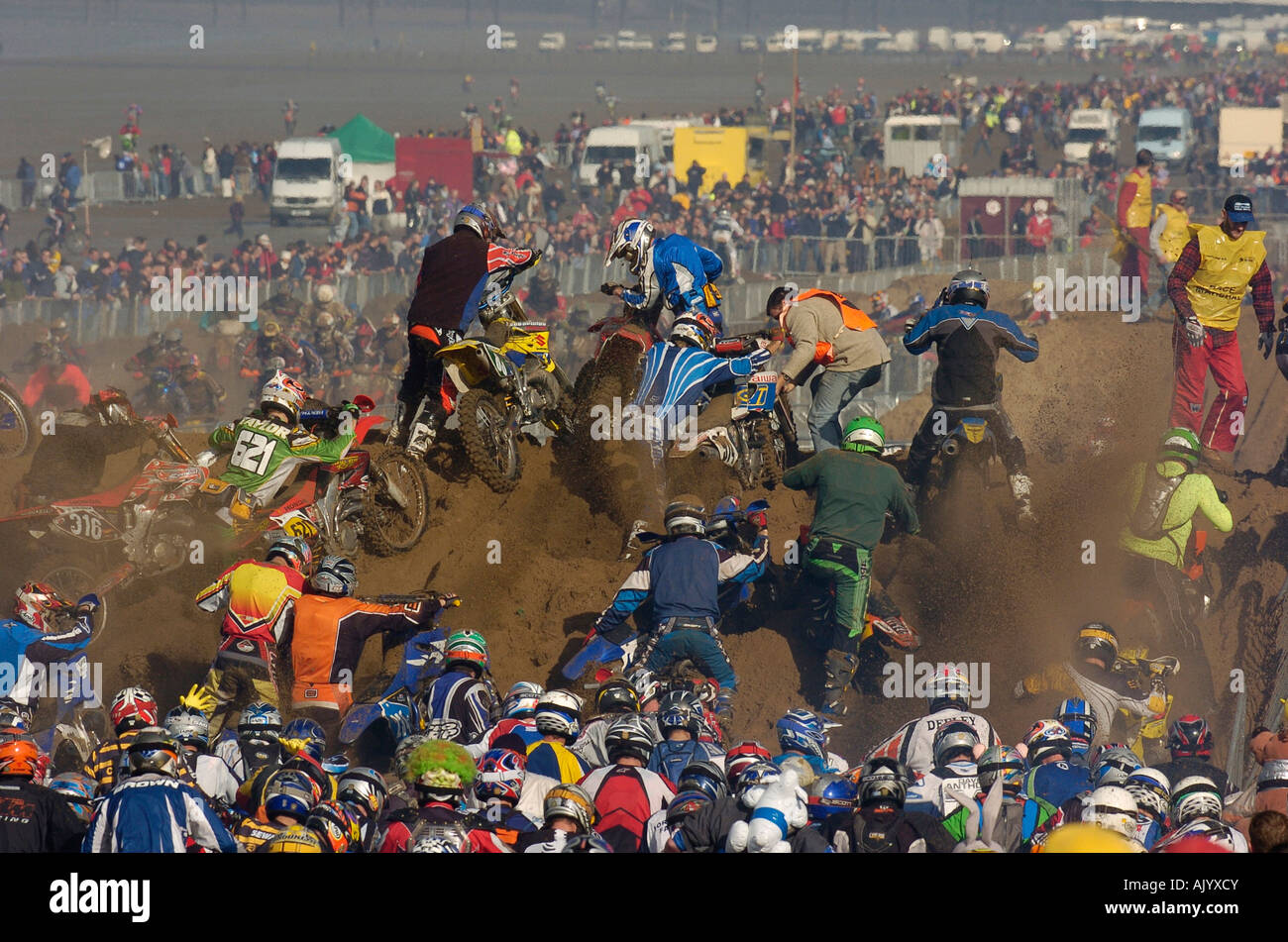 sand-encrusted riders at the Weston Beach Race,Somerset, England. UK ...