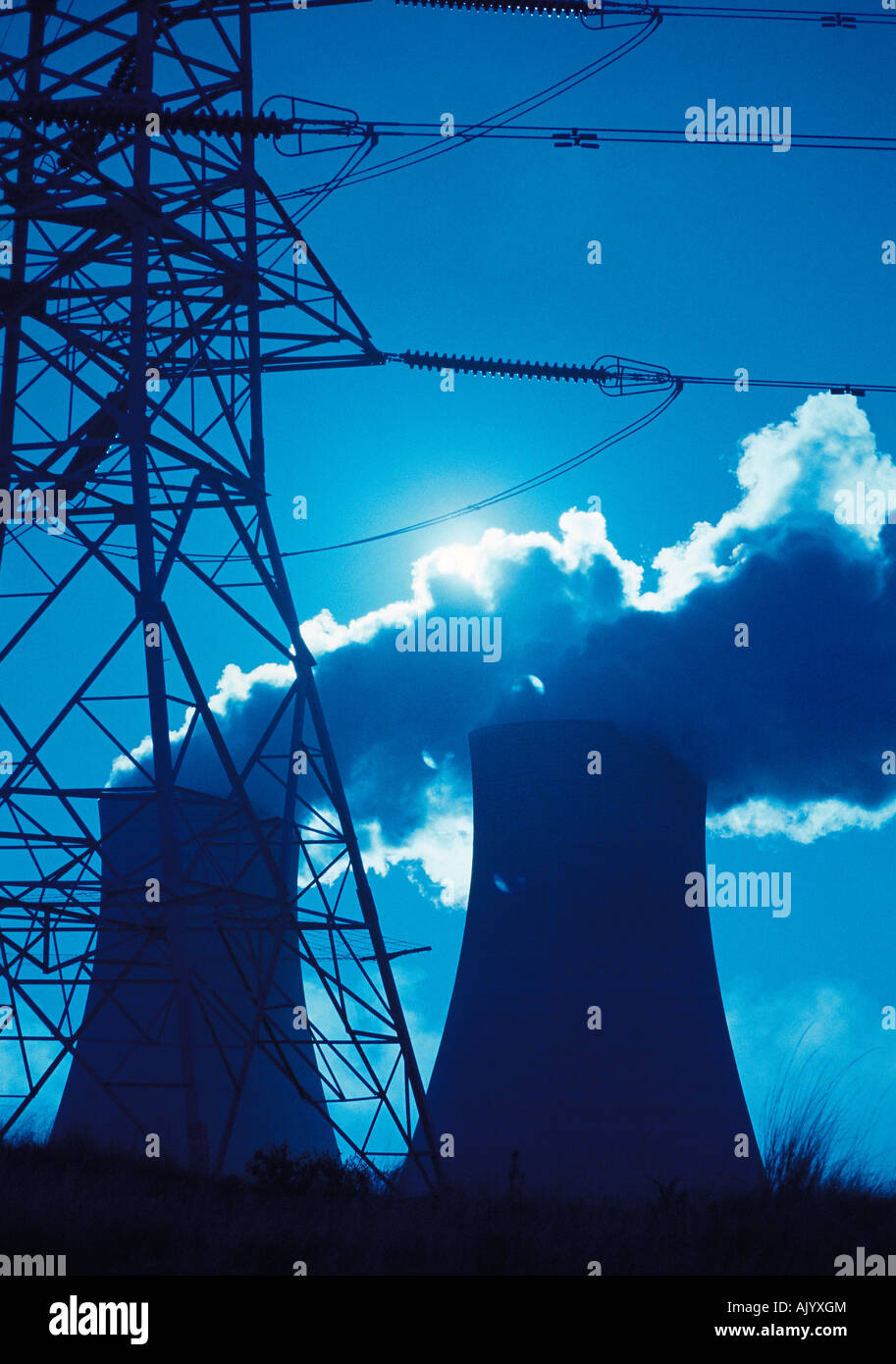 Power station cooling towers and electricity pylon Stock Photo - Alamy