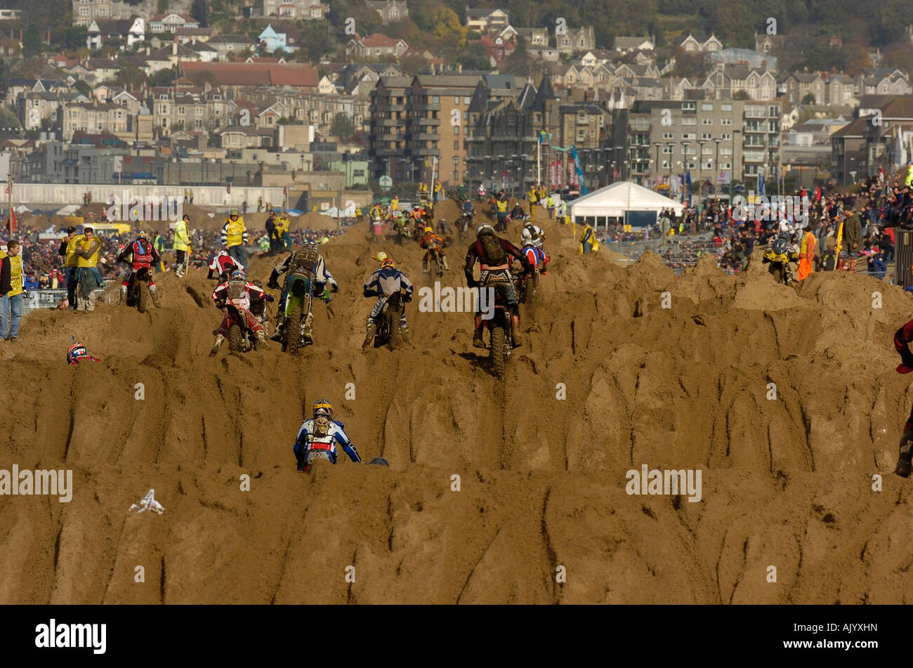 sand-encrusted riders at the Weston Beach Race,Somerset, England. UK ...