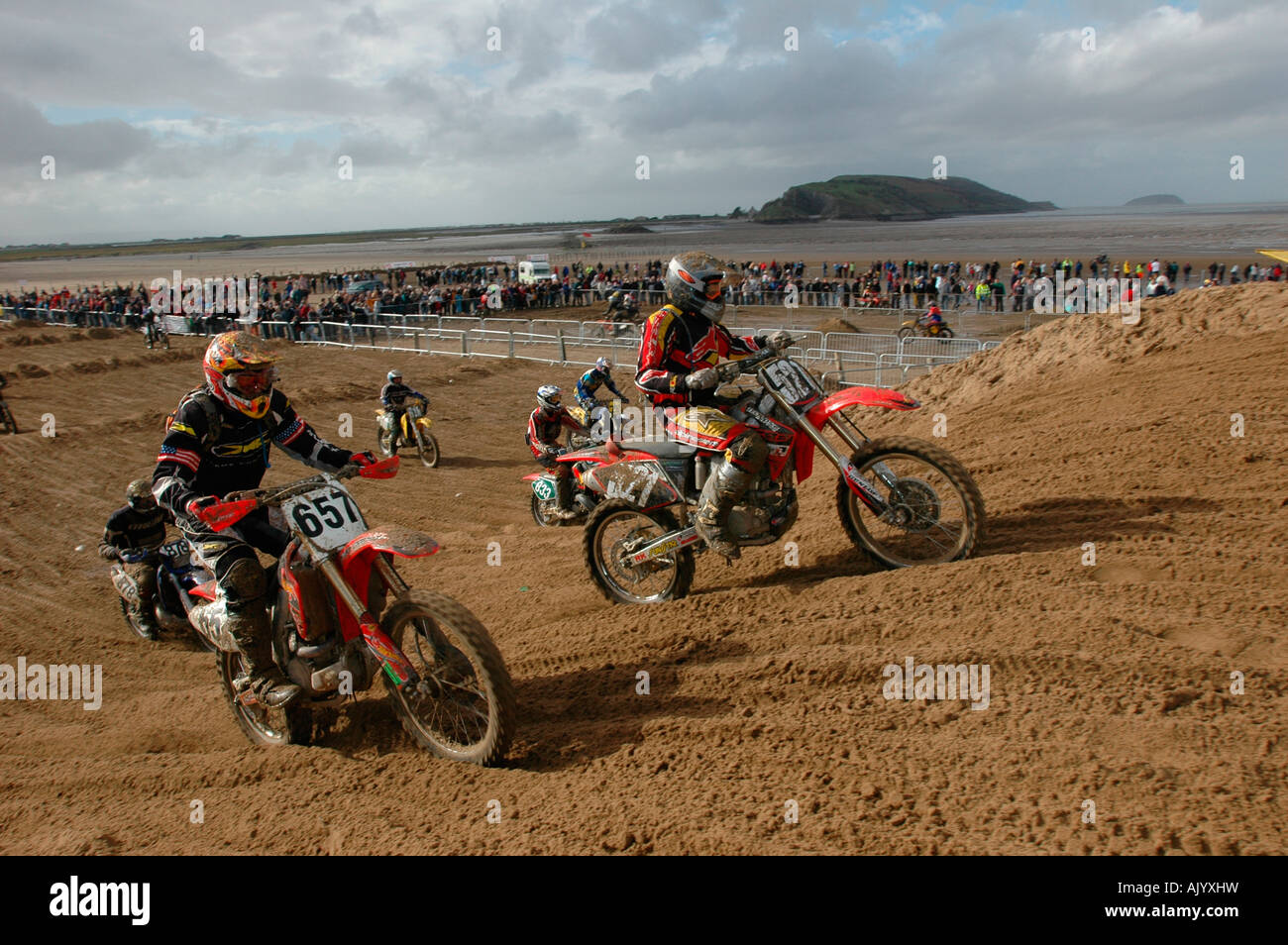 sand-encrusted riders at the Weston Beach Race,Somerset, England. UK ...