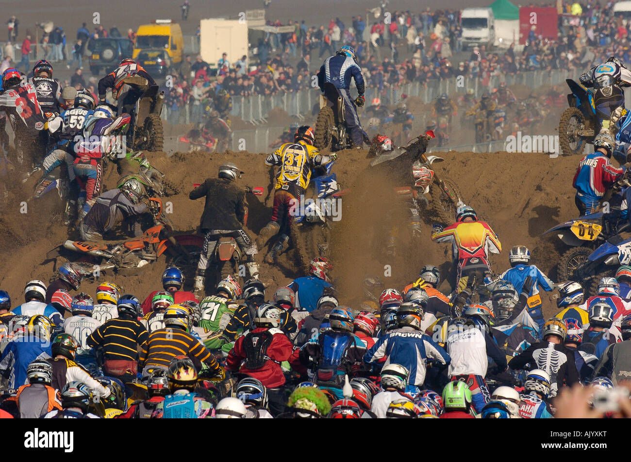 sand-encrusted riders at the Weston Beach Race,Somerset, England. UK ...