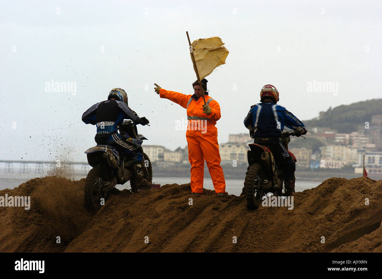 A sand-encrusted rider at the Weston Beach Race,Somerset, England. UK ...