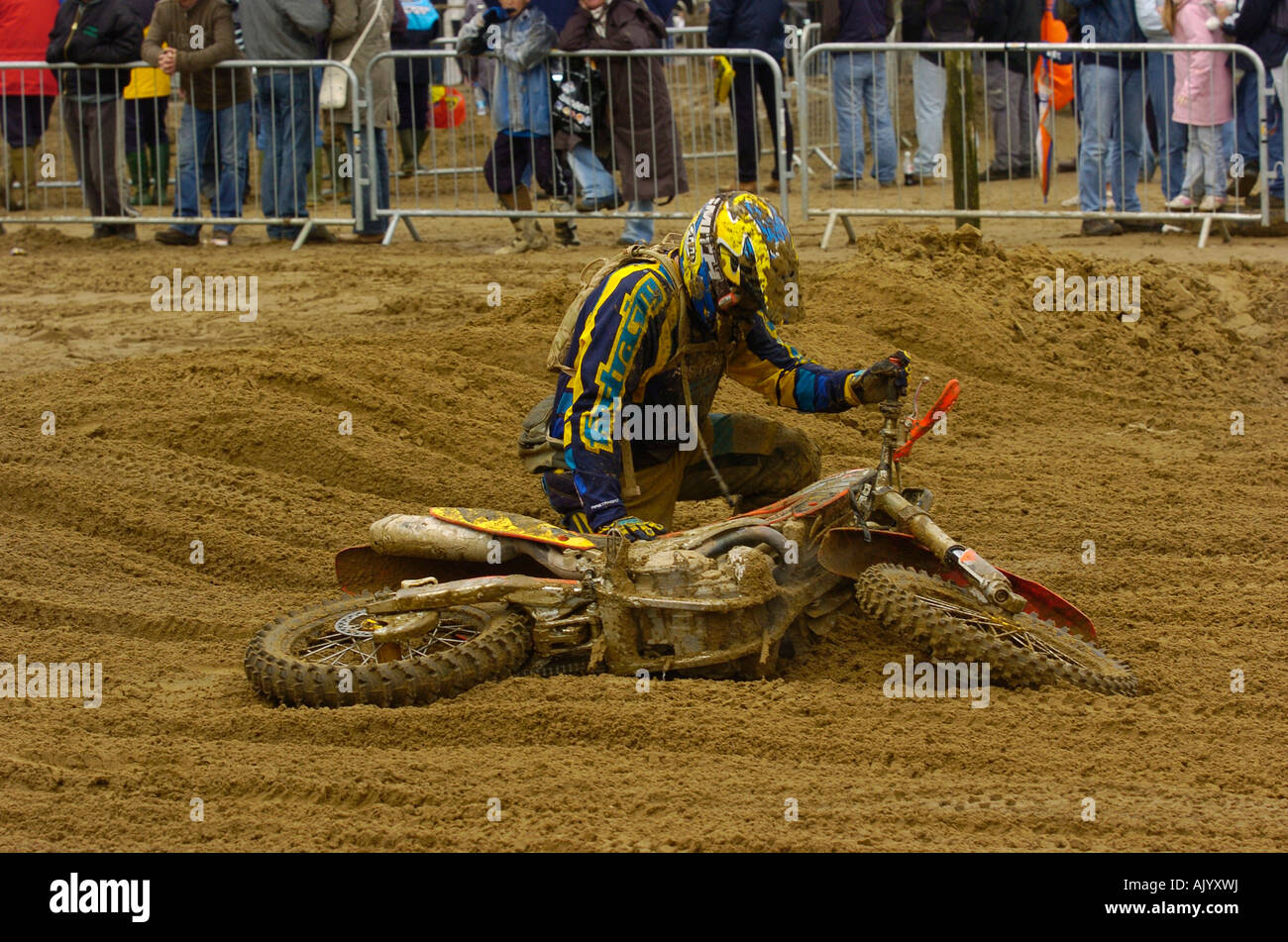 A sand-encrusted rider at the Weston Beach Race,Somerset, England. UK ...