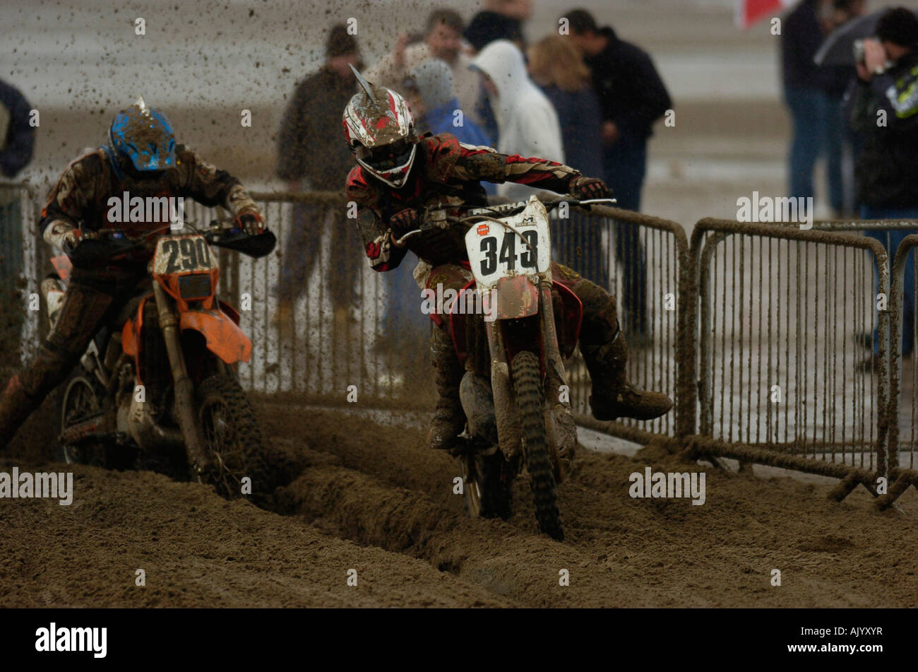 A sand-encrusted rider at the Weston Beach Race,Somerset, England. UK ...