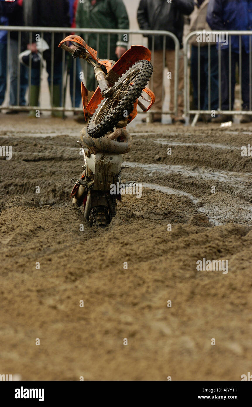 A sand-encrusted rider at the Weston Beach Race,Somerset, England. UK ...