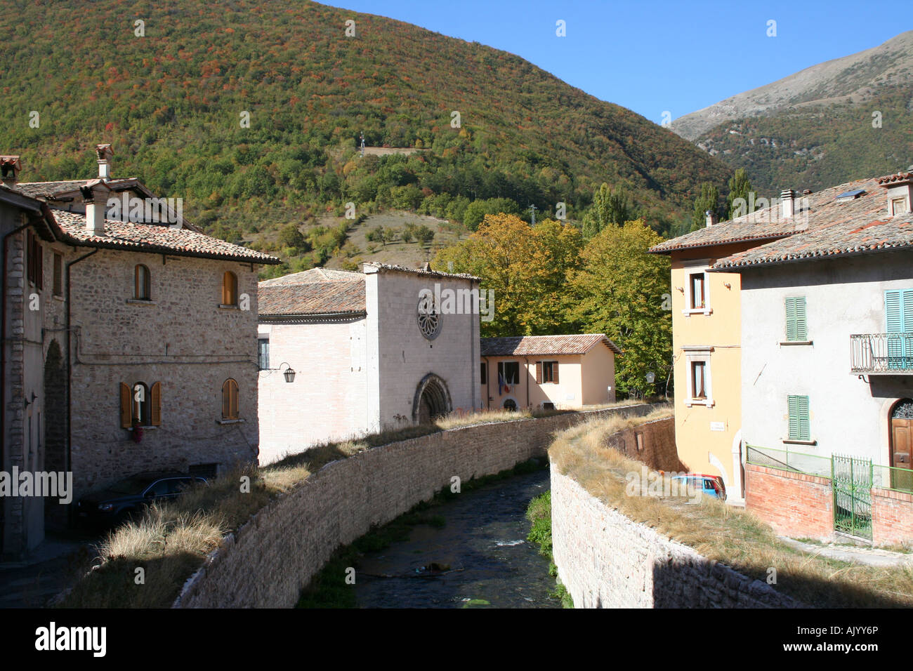 The diverted River Ussita at Visso, Le Marche, Sibillini National Park ...