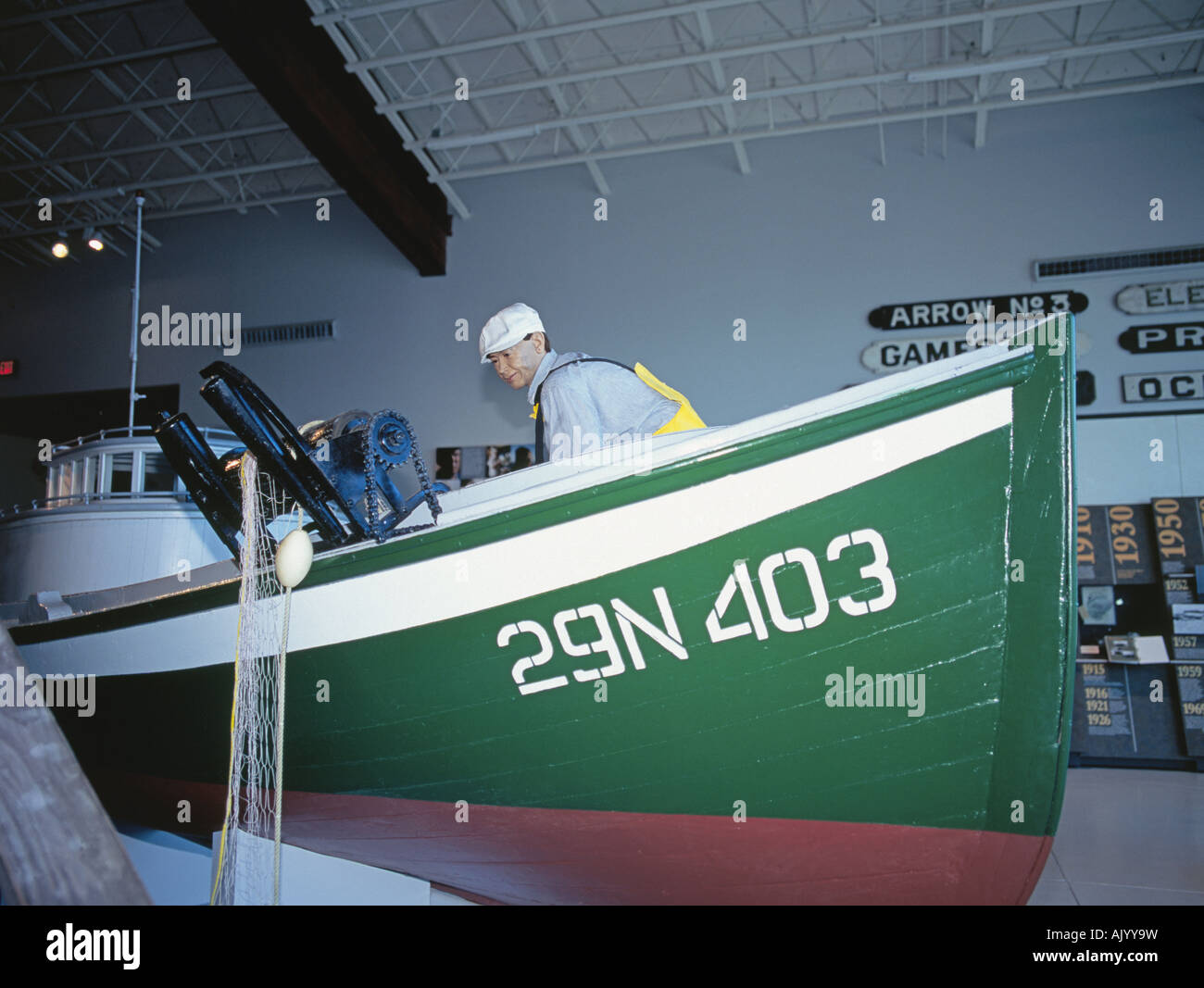 The US Coast Guard display of a small lifesaving boat in an exhibit at ...