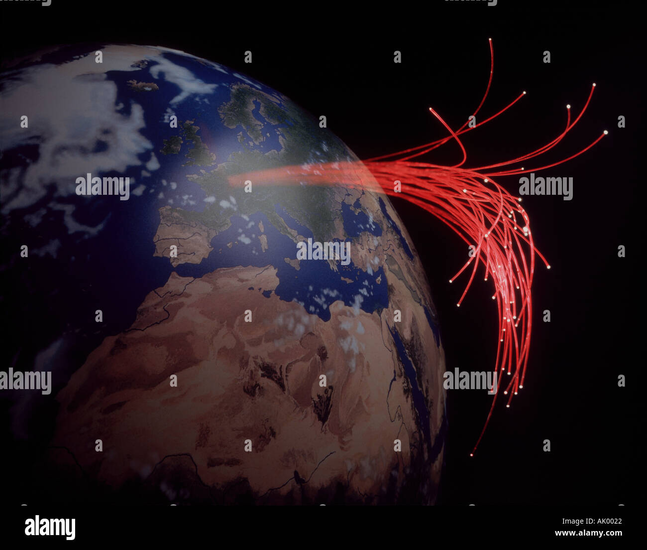 World globe red fibre optics Stock Photo - Alamy
