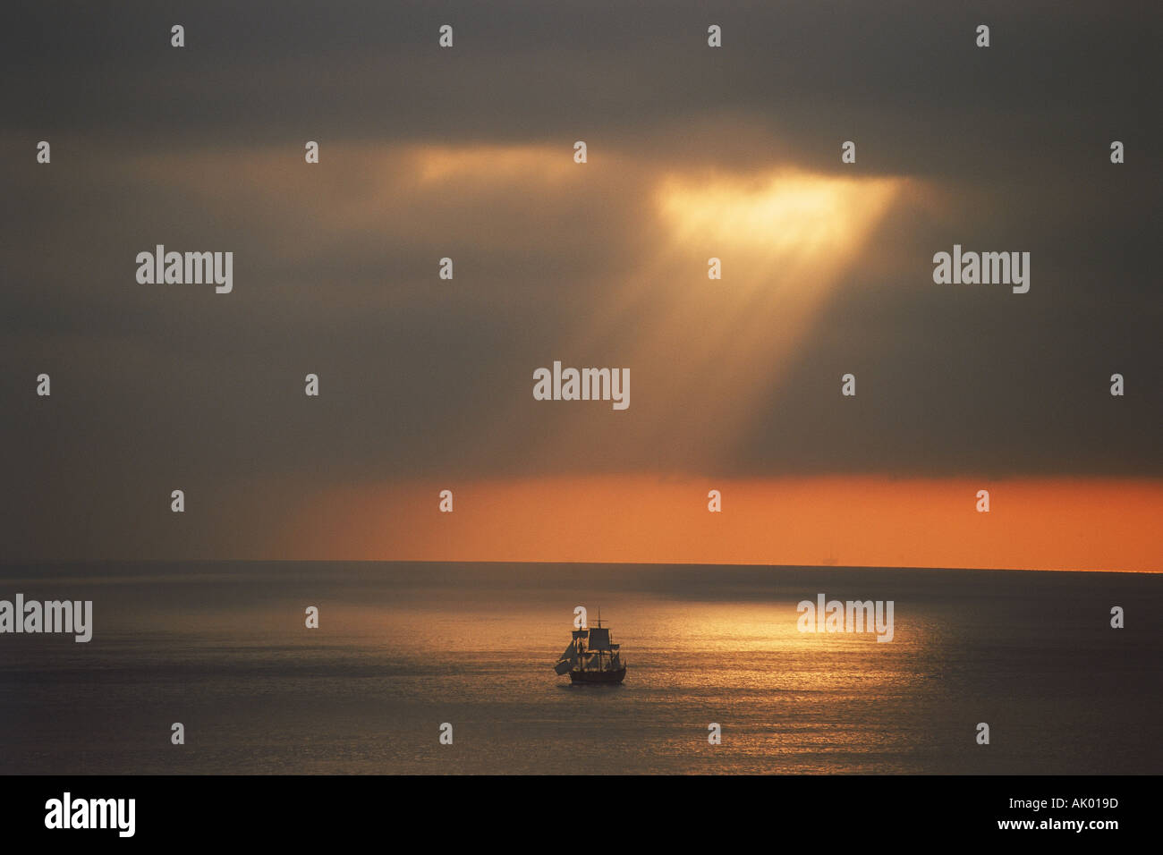 Replica of Captain Cooks ship DISCOVERY sailing off California coast at ...