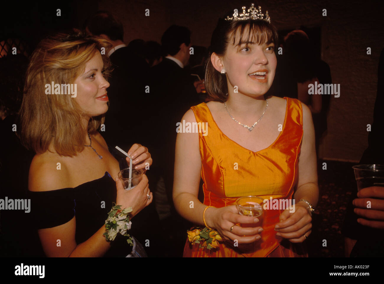 Sloane Rangers, two young students in their party dresses one is wears ...