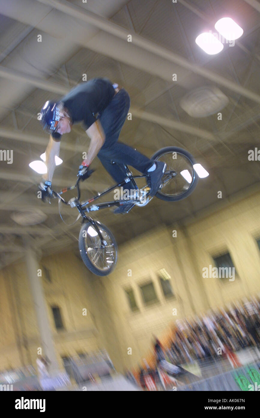 BMX ramp style competition with stunts half pipes wall rides jump ...