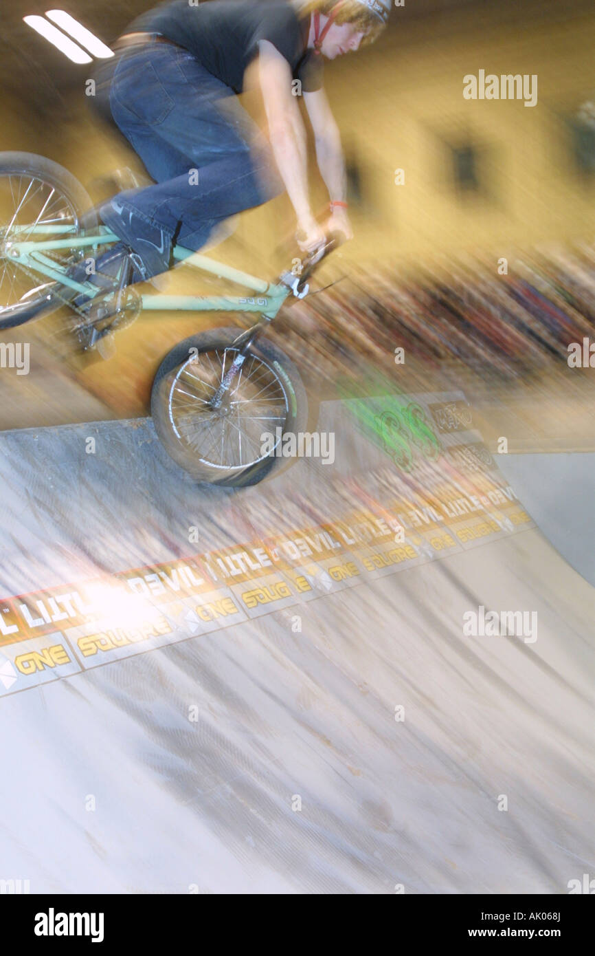 BMX ramp style competition with stunts half pipes wall rides jump ...