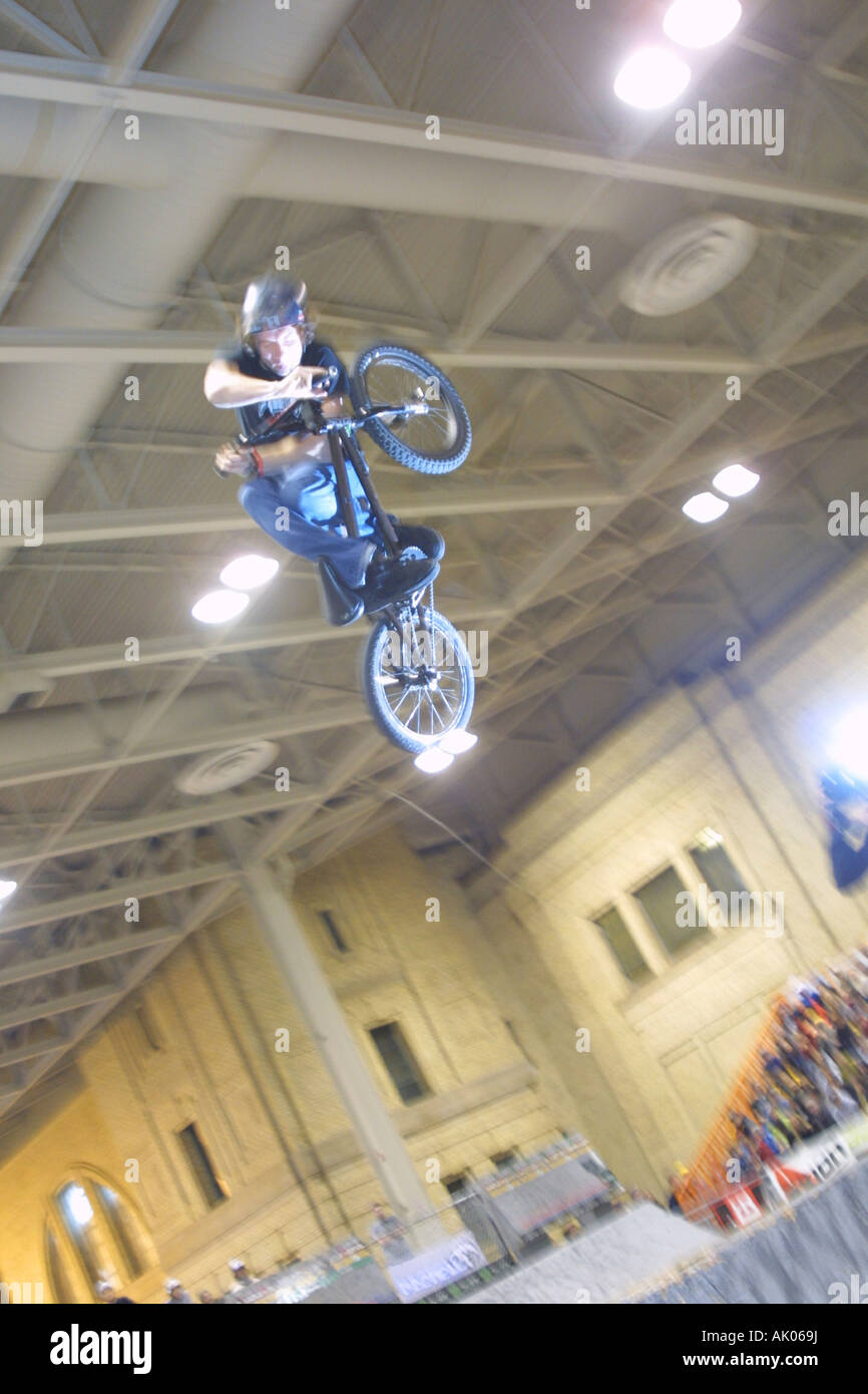 BMX ramp style competition with stunts half pipes wall rides jump ...