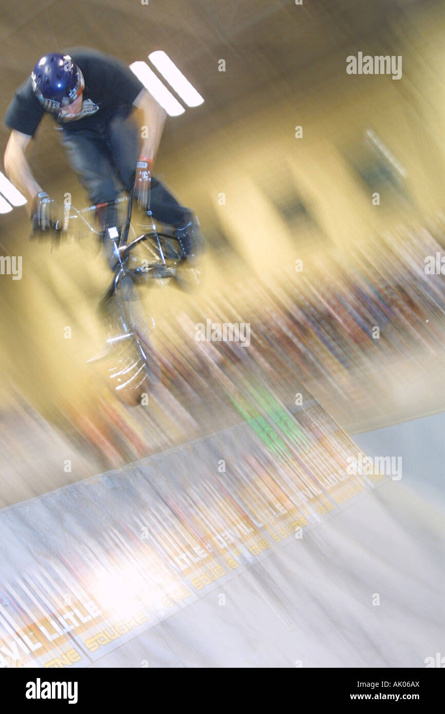 BMX ramp style competition with stunts half pipes wall rides jump ...