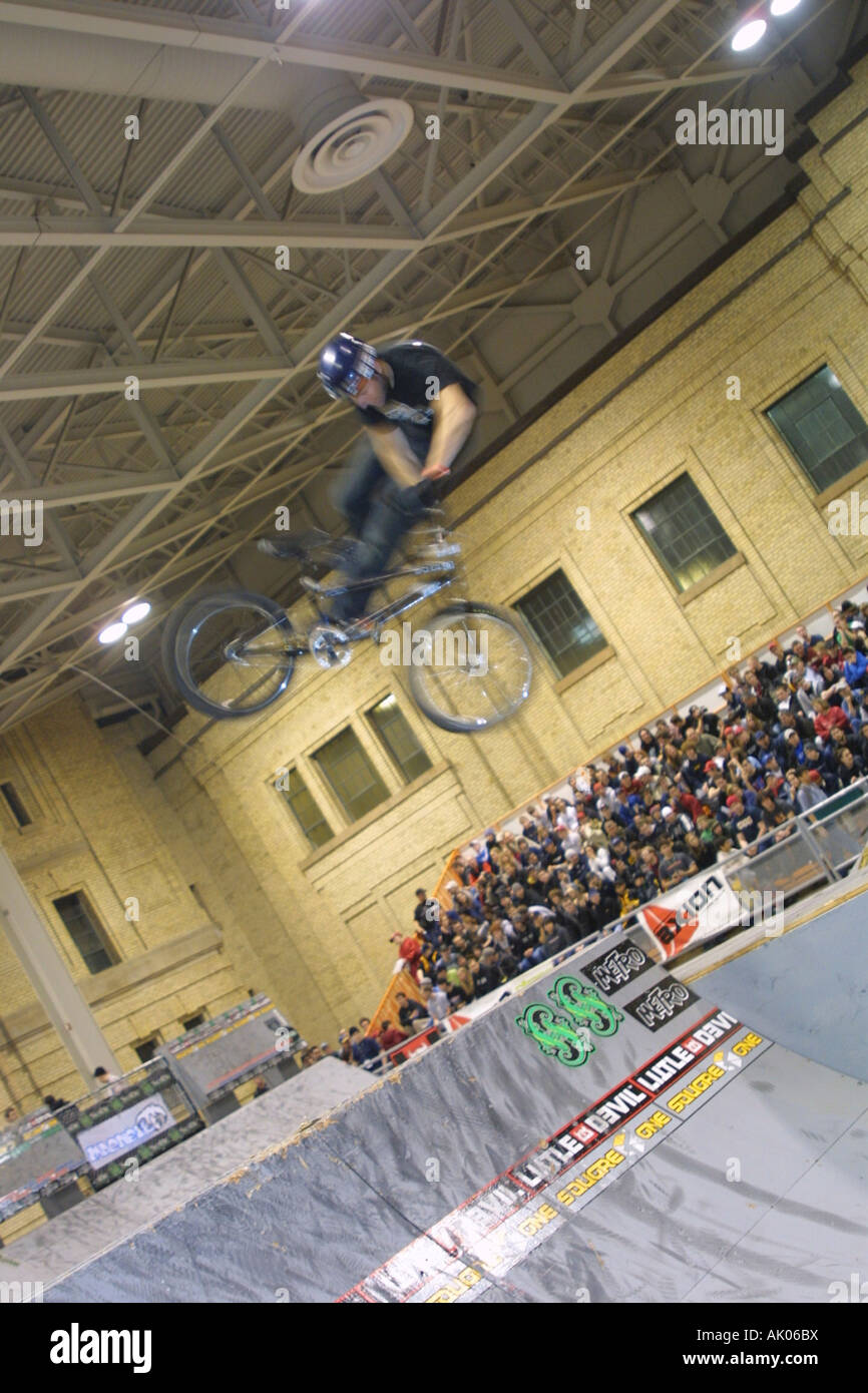 BMX ramp style competition with stunts half pipes wall rides jump ...