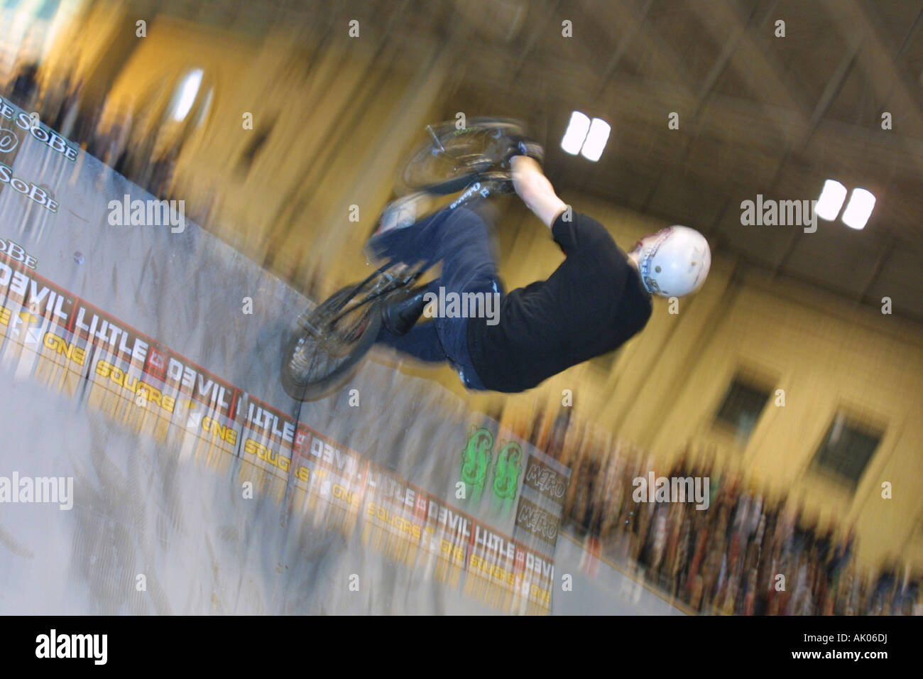 BMX ramp style competition with stunts half pipes wall rides jump ...