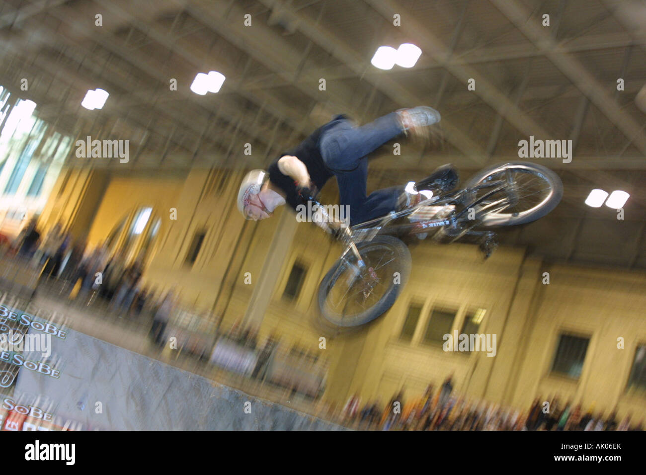 BMX ramp style competition with stunts half pipes wall rides jump ...