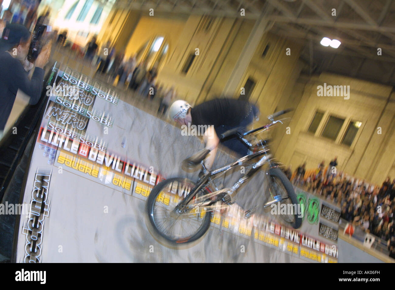 BMX ramp style competition with stunts half pipes wall rides jump ...