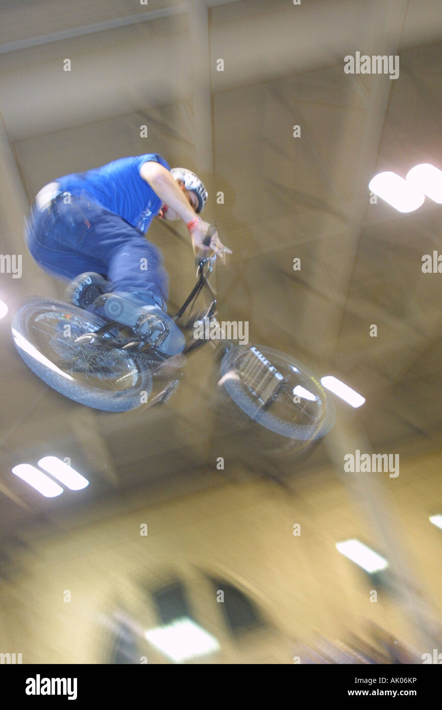 BMX ramp style competition with stunts half pipes wall rides jump ...