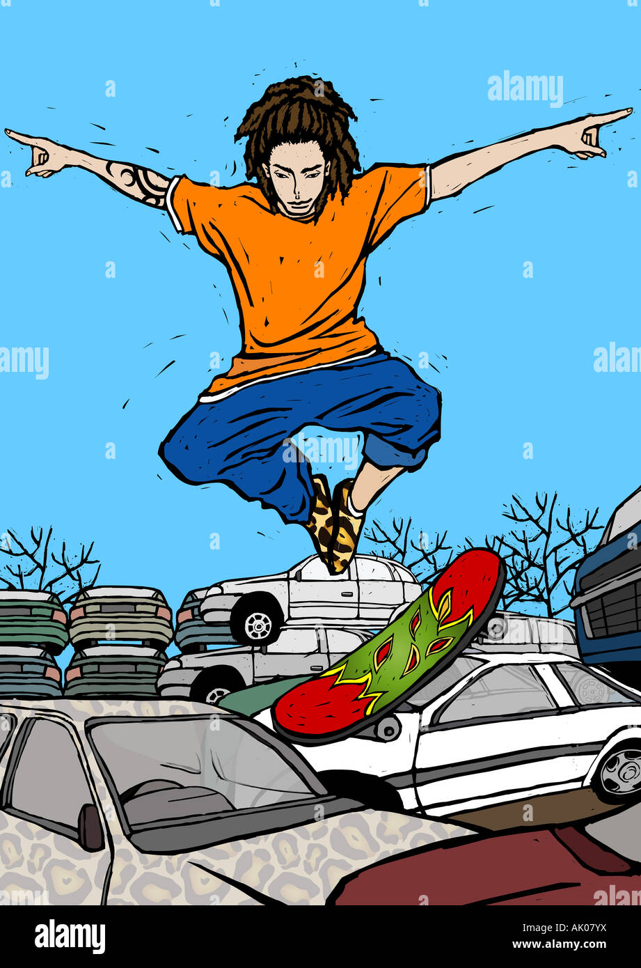 Man skateboarding over cars Stock Photo - Alamy