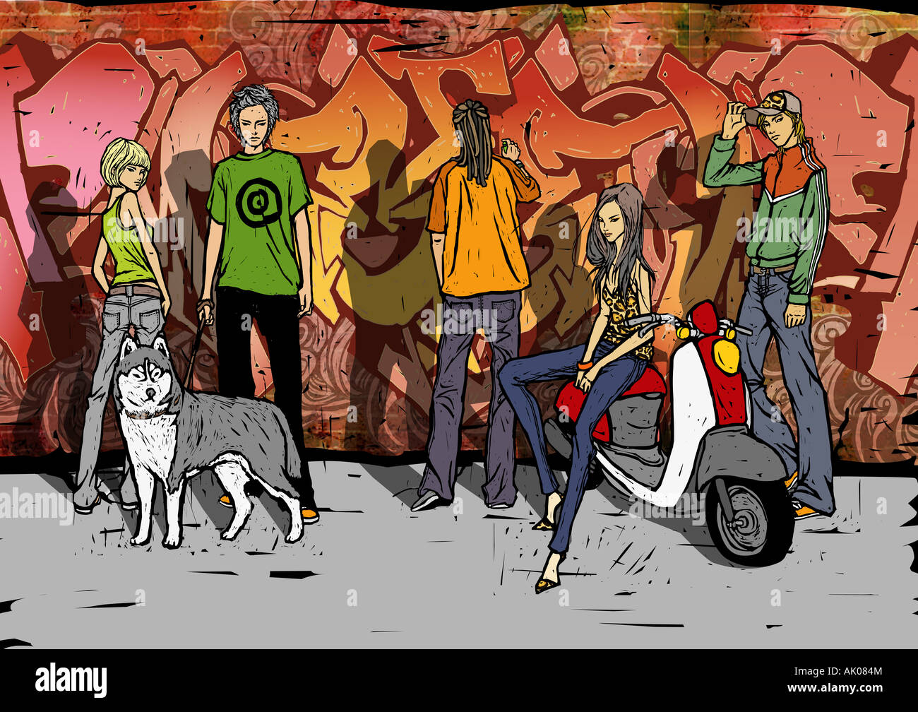 Side profile of a woman sitting on a moped with her friends standing in ...