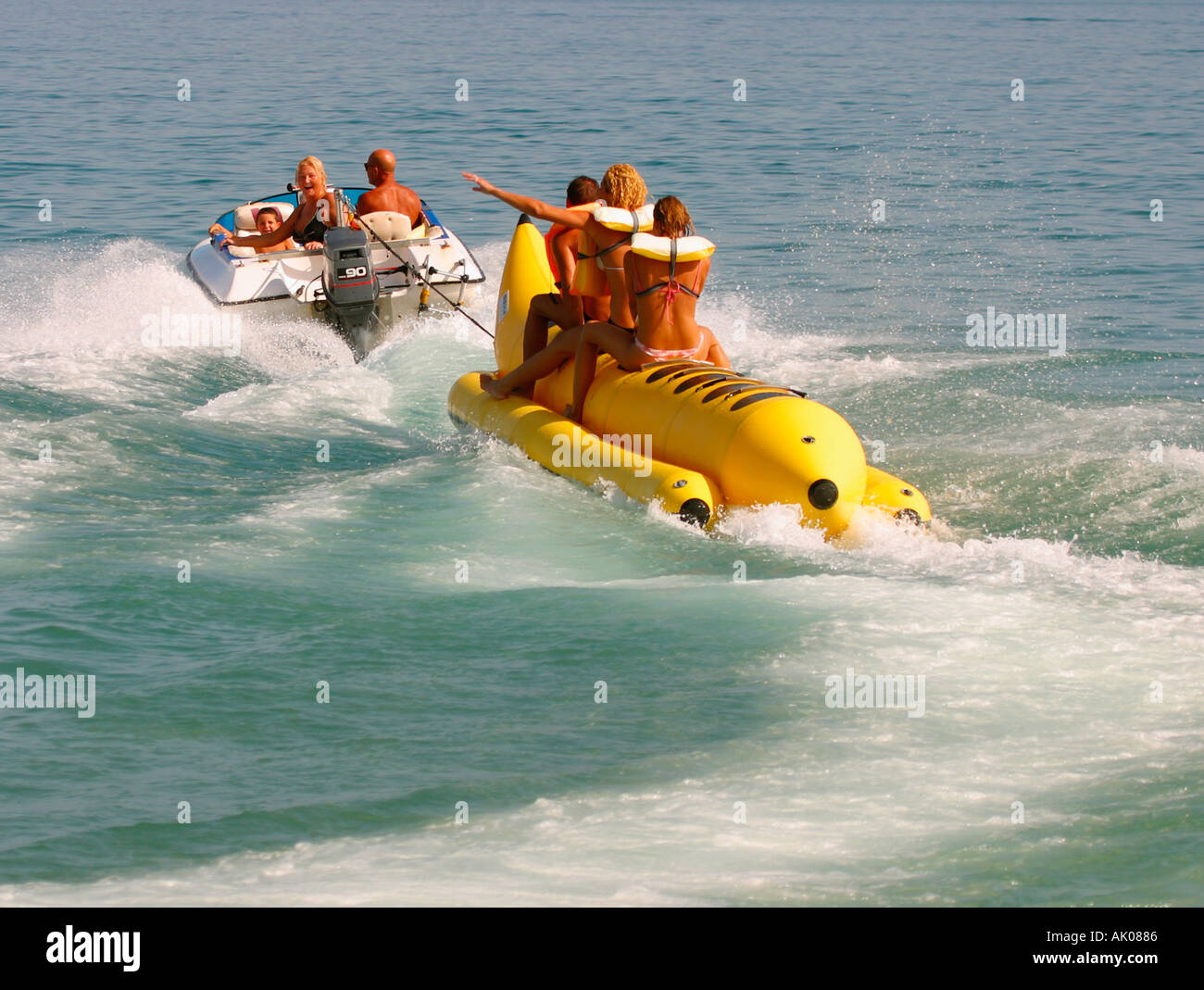 Torremolinos, Costa del Sol, Spain. Banana boat ride on Playamar also ...
