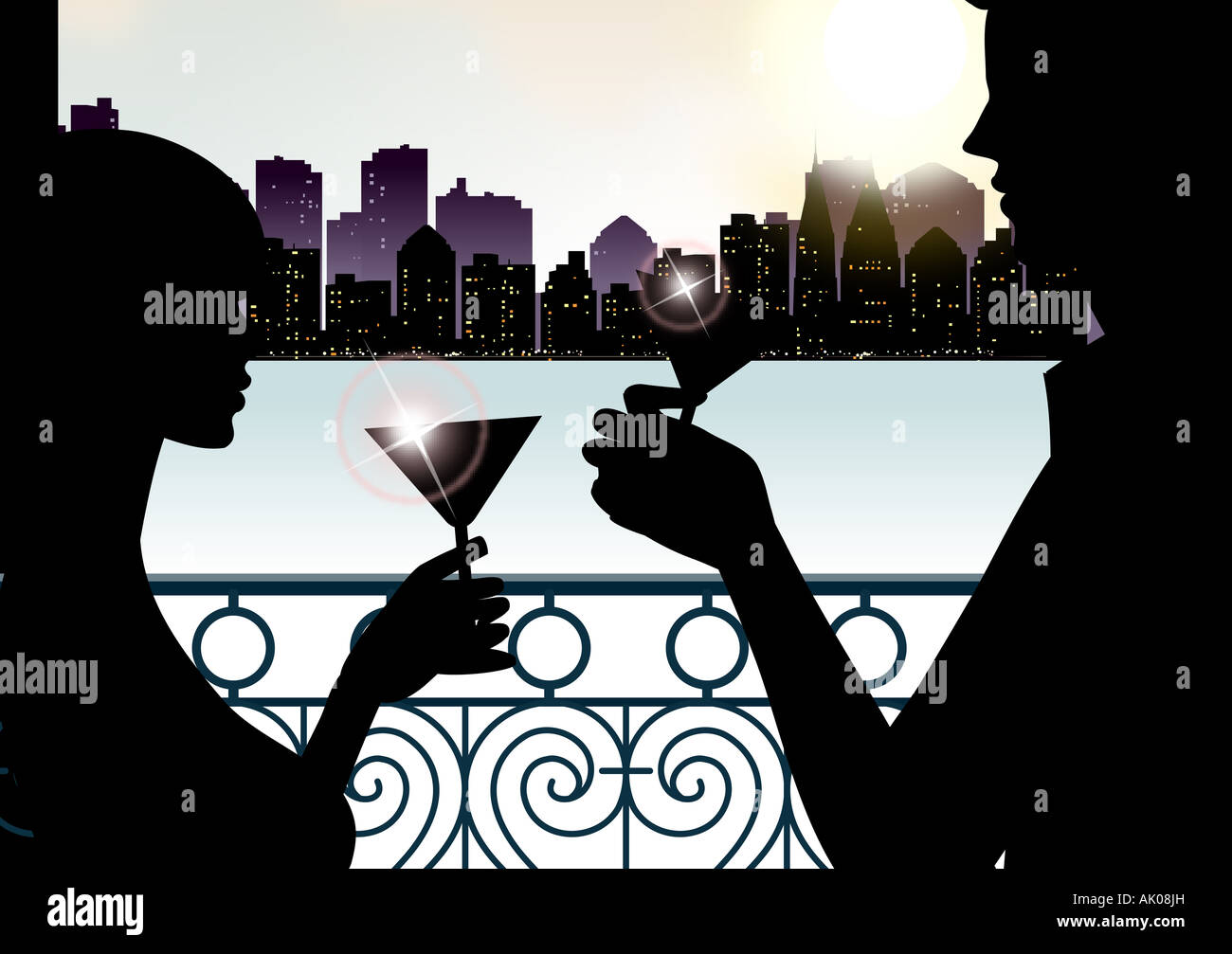 Silhouette of a couple toasting with martini glasses Stock Photo - Alamy