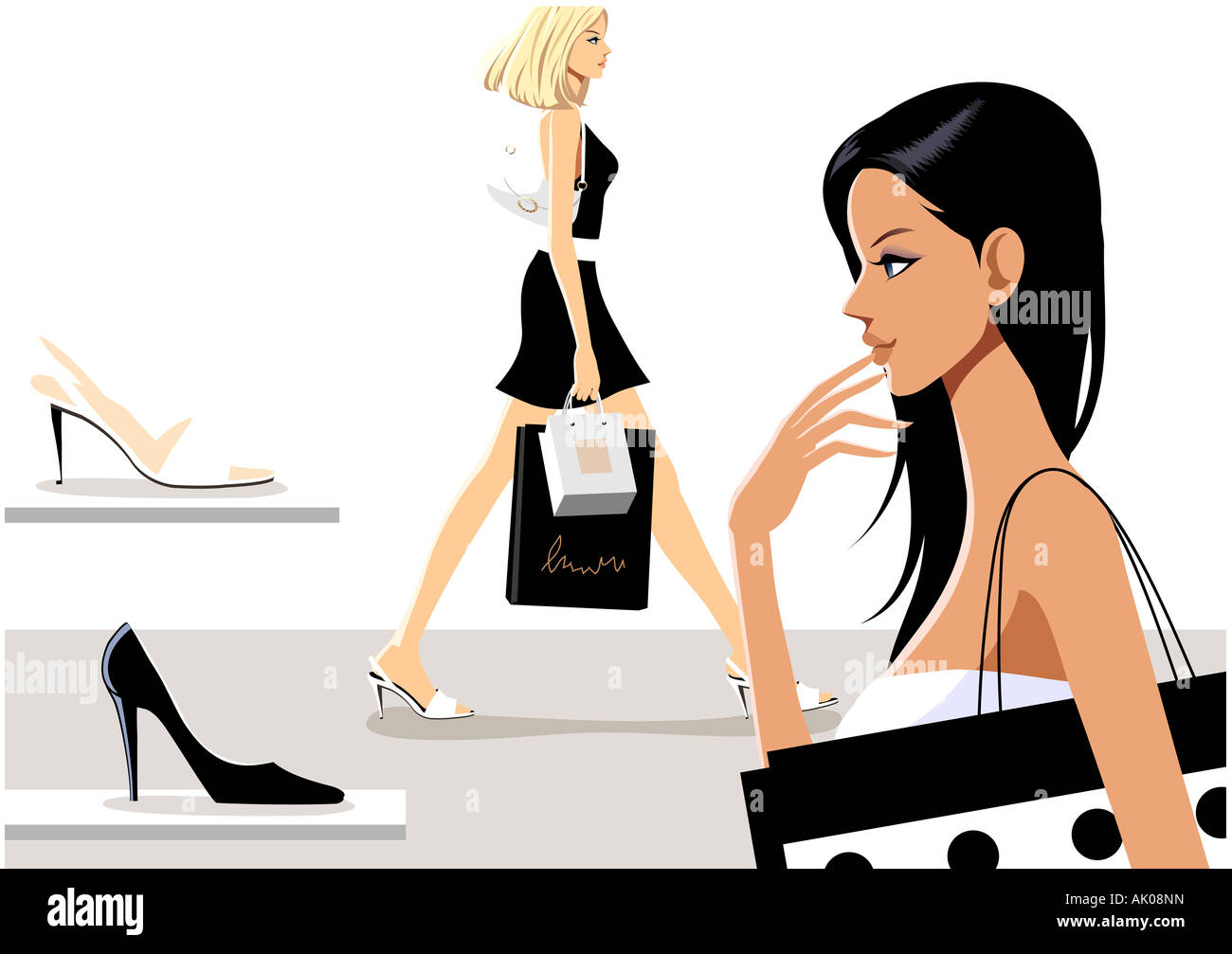 Side profile of a woman looking at high heels with another woman ...