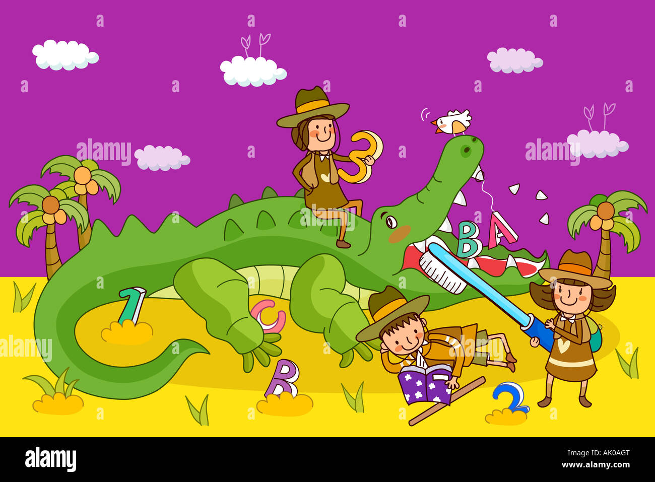 Two girls and a boy playing with a crocodile Stock Photo - Alamy