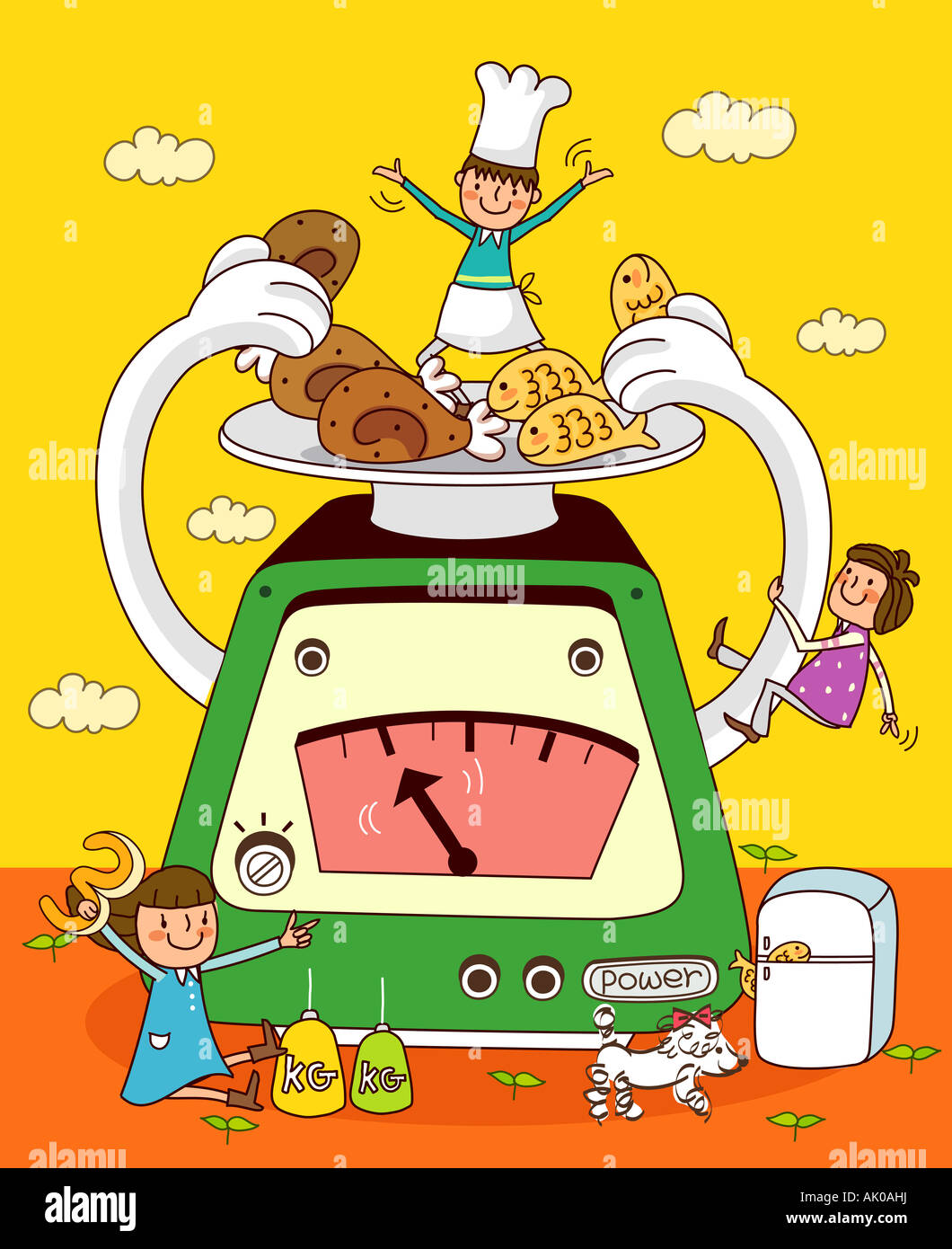 Chef with chicken drumsticks and fish on a weighing scale Stock Photo ...