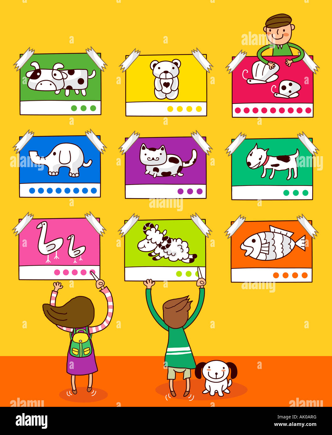 Rear view of two girls and a boy pasting posters on the wall Stock ...