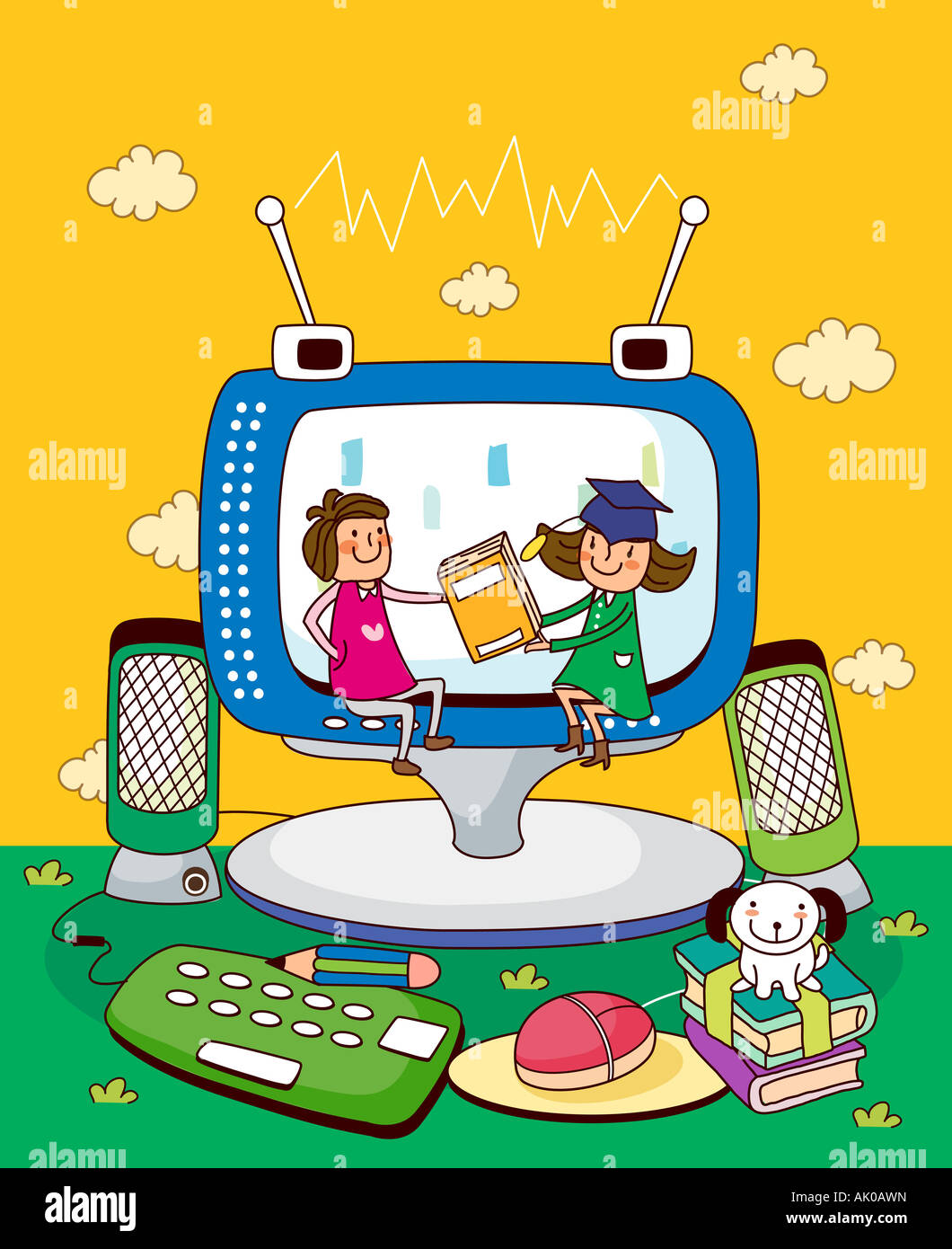 Two girls sitting on a computer monitor and holding a book Stock Photo ...