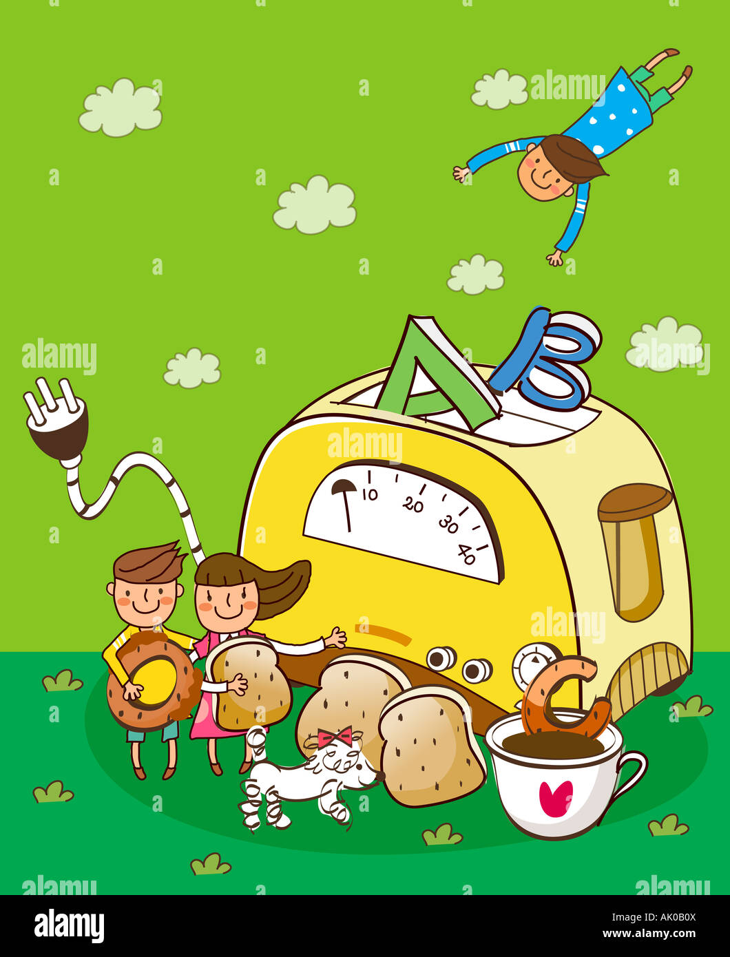 Boy and a girl holding toasts near a toaster Stock Photo - Alamy