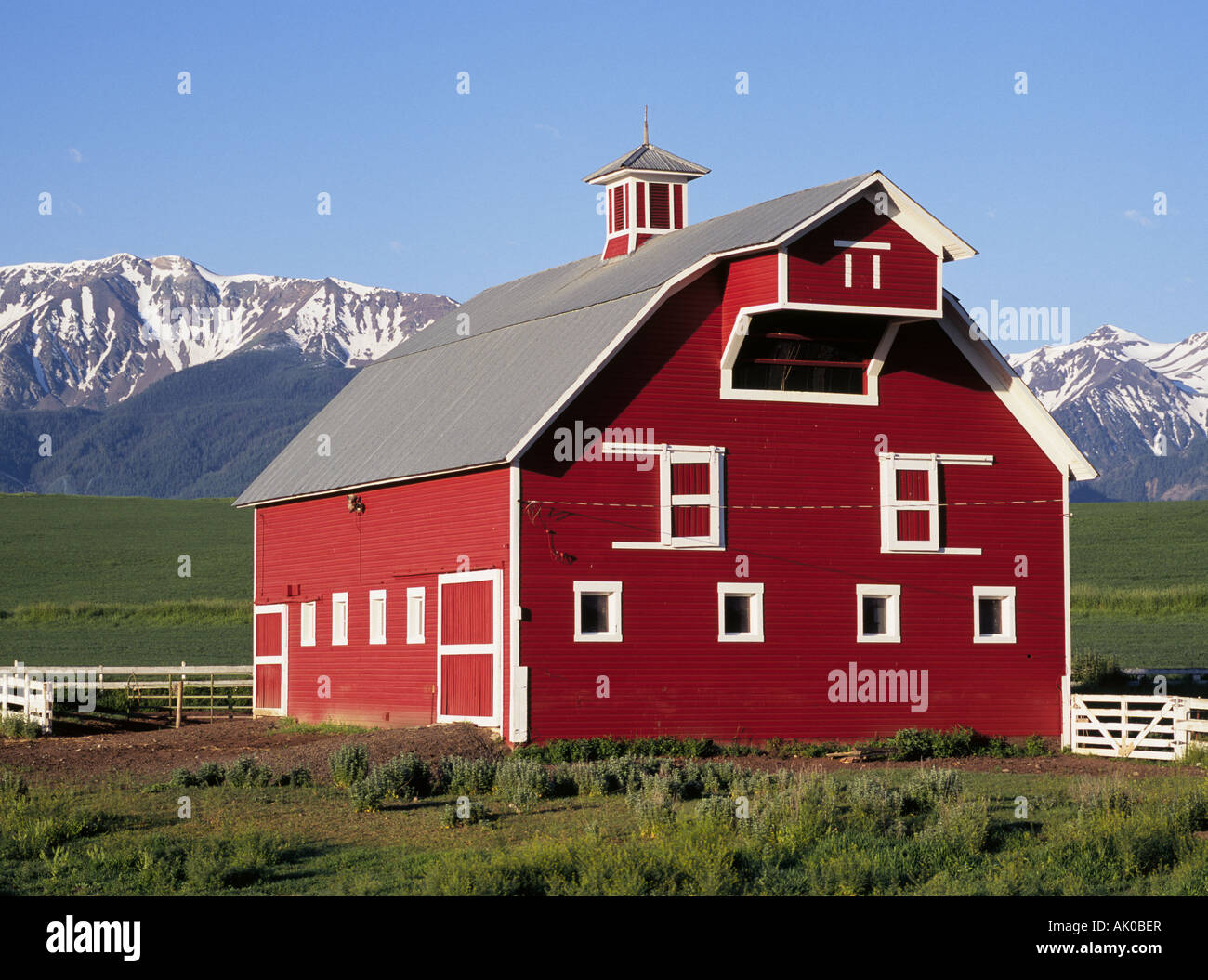 Red barn Joseph Oregon The Wallowa Mountains in the background Stock ...