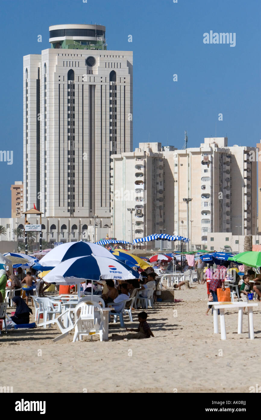 Tripoli, Libya. Mediterranean Beach Scene, Al-Fateh Tower Office ...