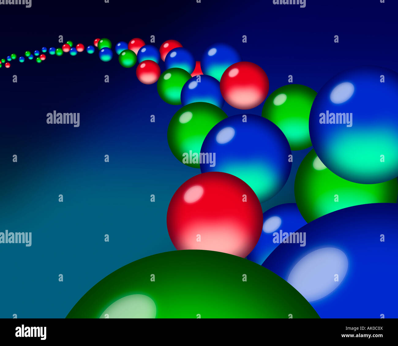 A flow of red green blue orb droplets through a blue ether Stock Photo ...