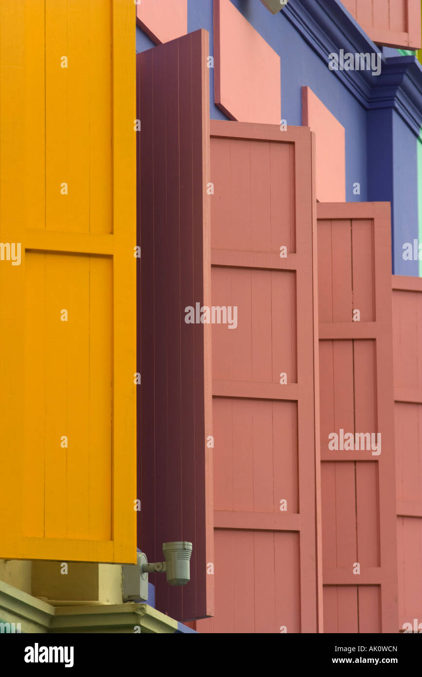 Colourful window shutters on restored traditional Chinese buildings on ...