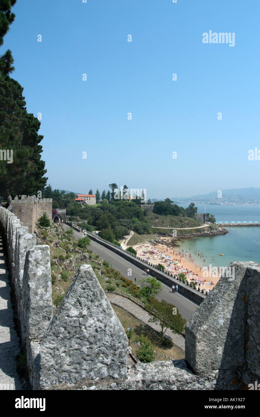 View of the beach from the Medieval Walls, Bayona (Baiona), Galicia ...