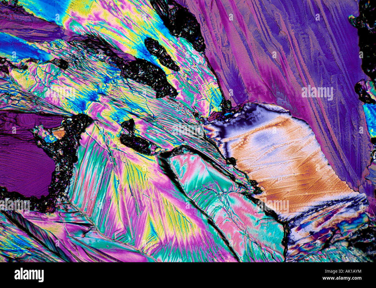 Still life. Microscopic image of chemical crystals in polarised light ...