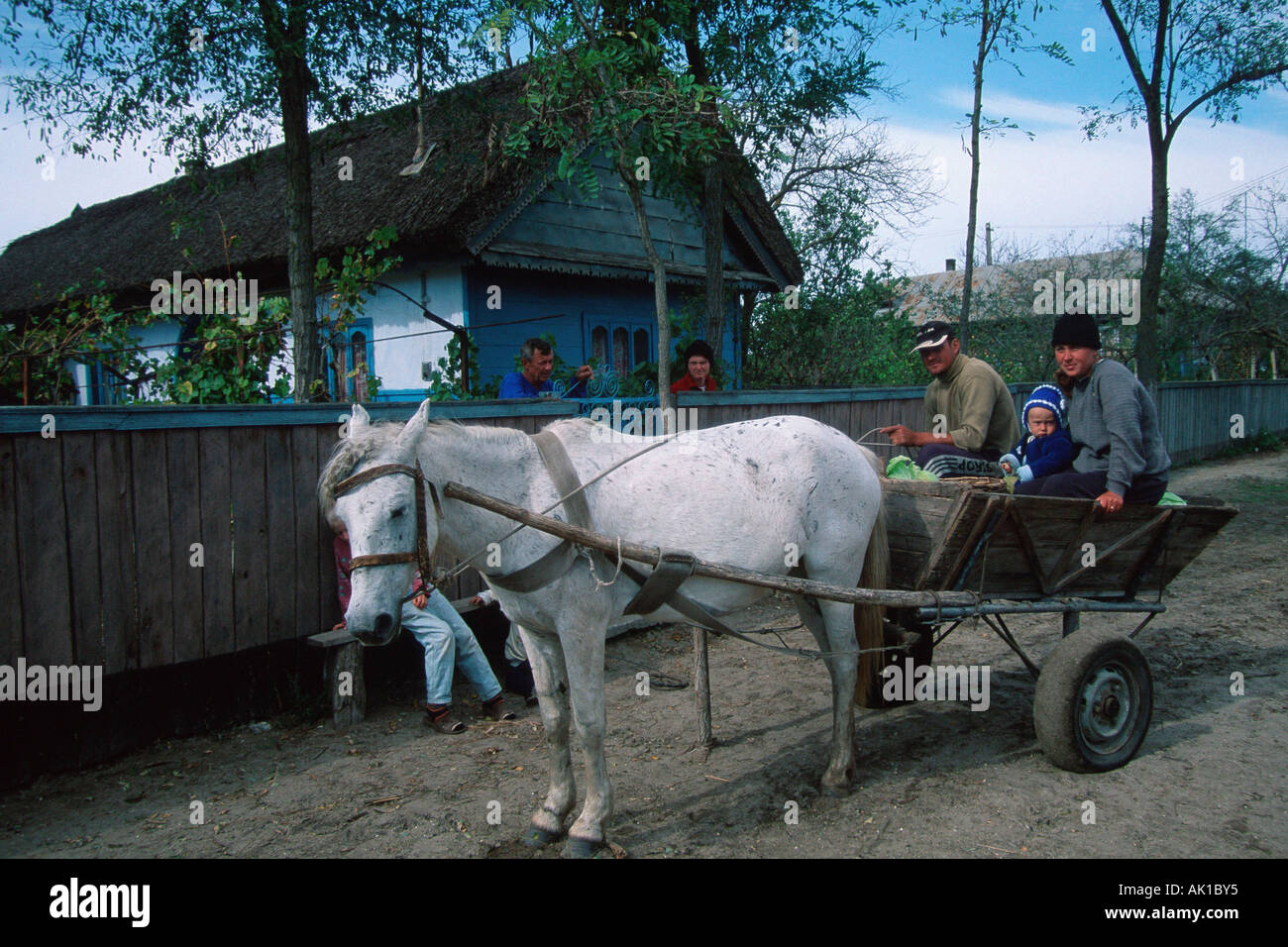 Family with horse cart / Letea / Familie mit Pferdewagen Stock Photo ...