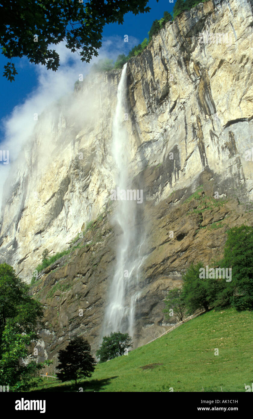 The Staubbach waterfalls 300m high at Lauterbrunnen Bernese Oberland ...