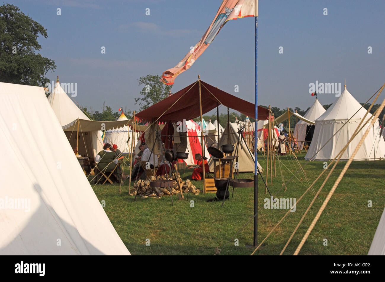 Campsite with cooking fire and many tents medieval reenactment Stock ...