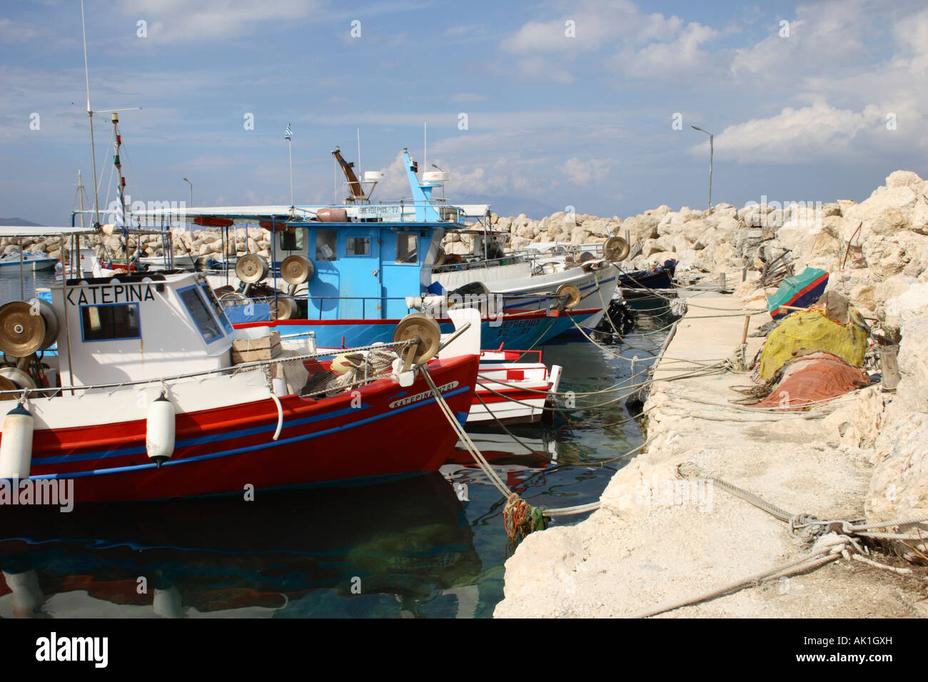 A traditional Greek harbour with fishing boats at Alykanas, Zakynthos ...