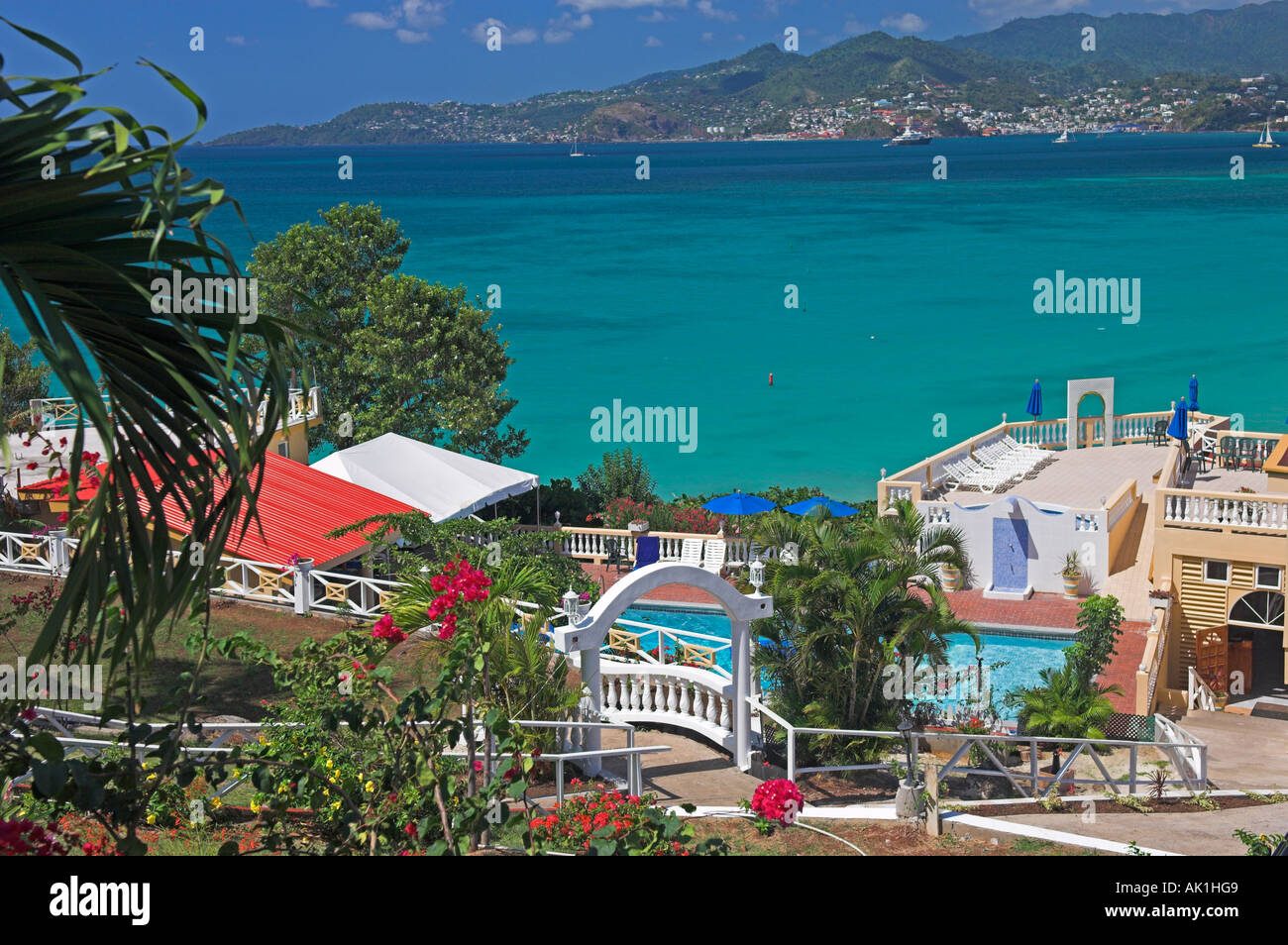 Caribbean resort with pool and sea behind Flamboyant Hotel in Grand ...