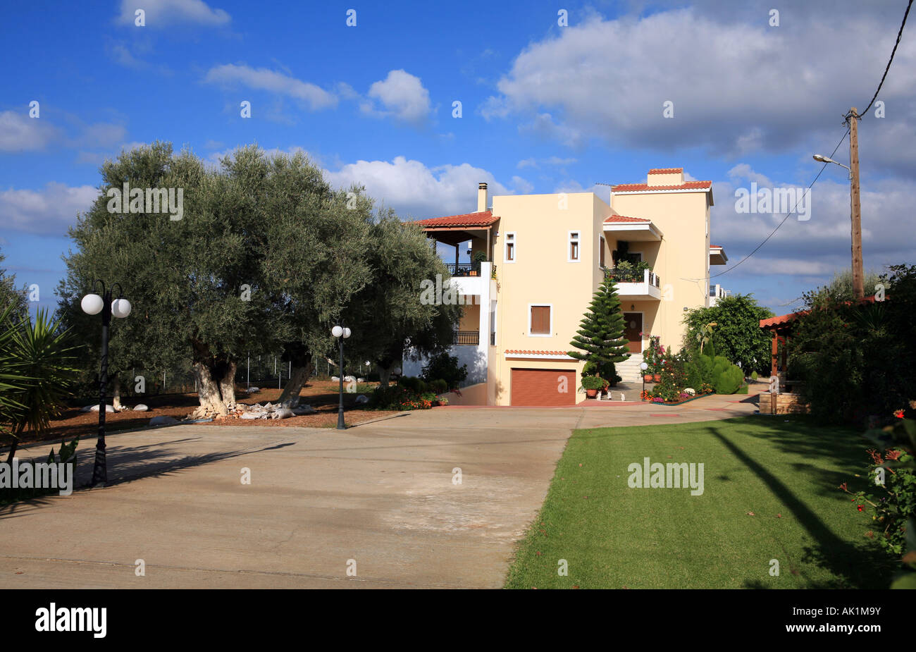 A modern Greek villa with its garden and olive trees left reflecting ...