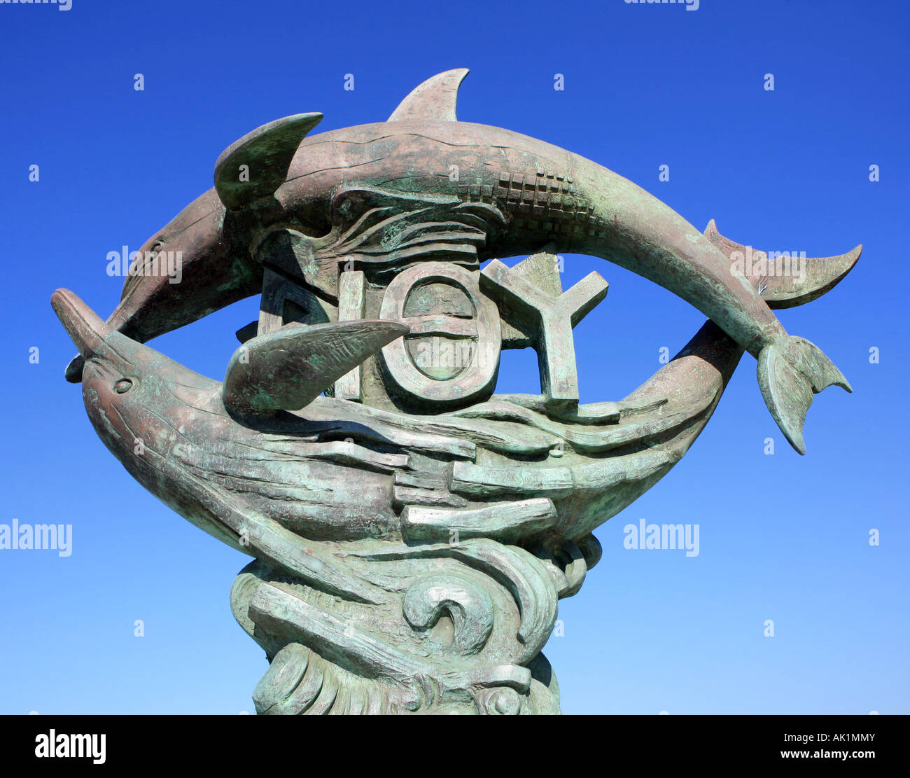 Rethymnon, Crete's, "Rithy" municipal statue of two dolphins playing ...